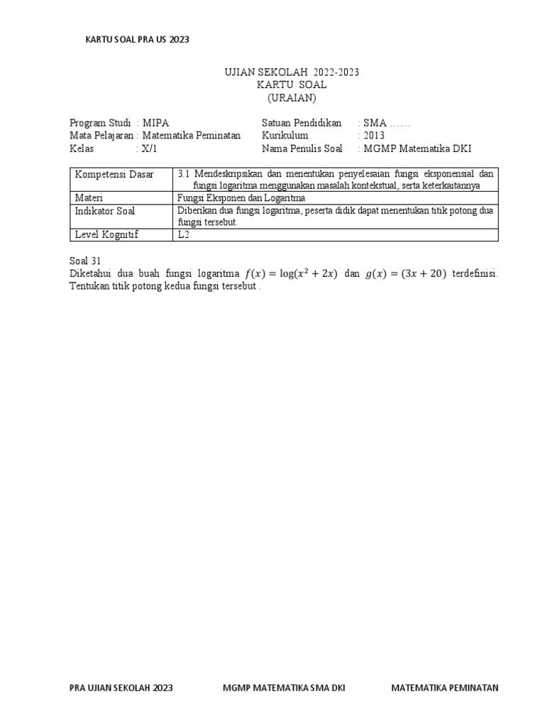 Kartu Soal Us Matematika Peminatan 2022-2023 | PDF | Metode & Bahan Ajar