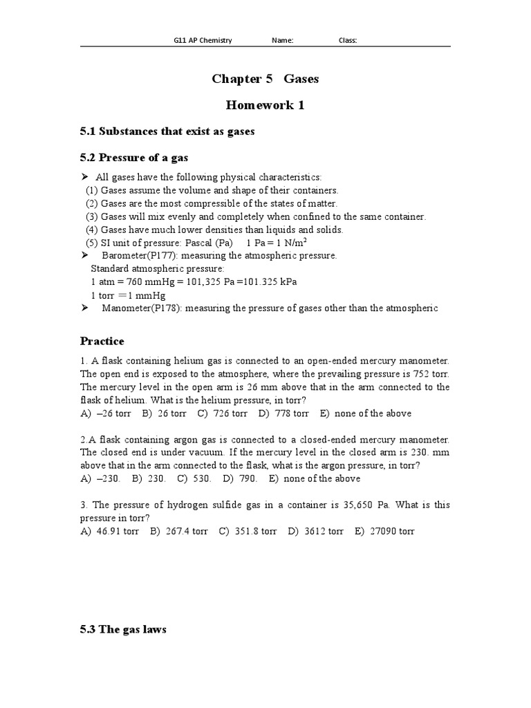 Chapter 5 Gases Homework1 | PDF | Pascal (Unit) | Gases