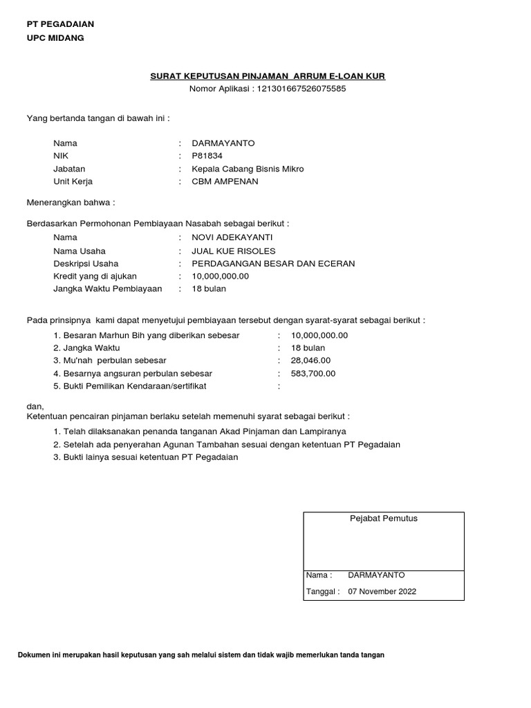 Kur Surat Persetujuan Pembiayaan | PDF