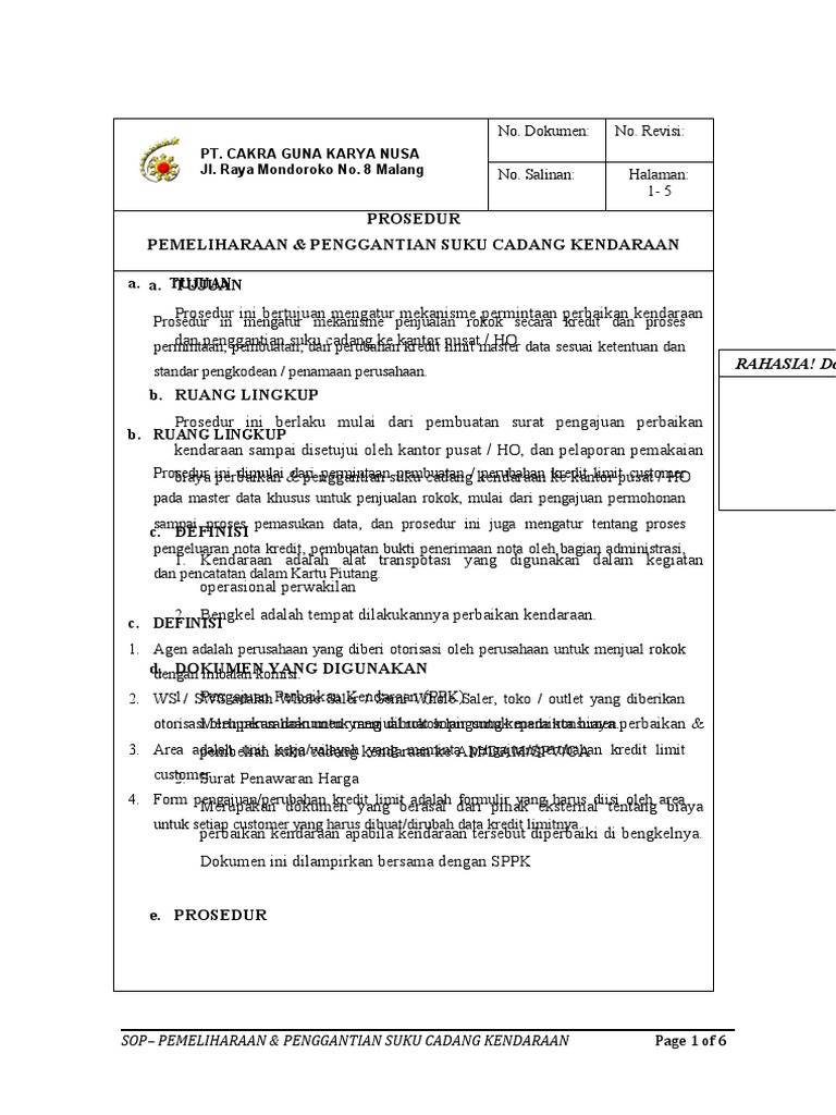 Prosedur Pemeliharaan & Penggantian Suku Cadang Kendaraan | PDF