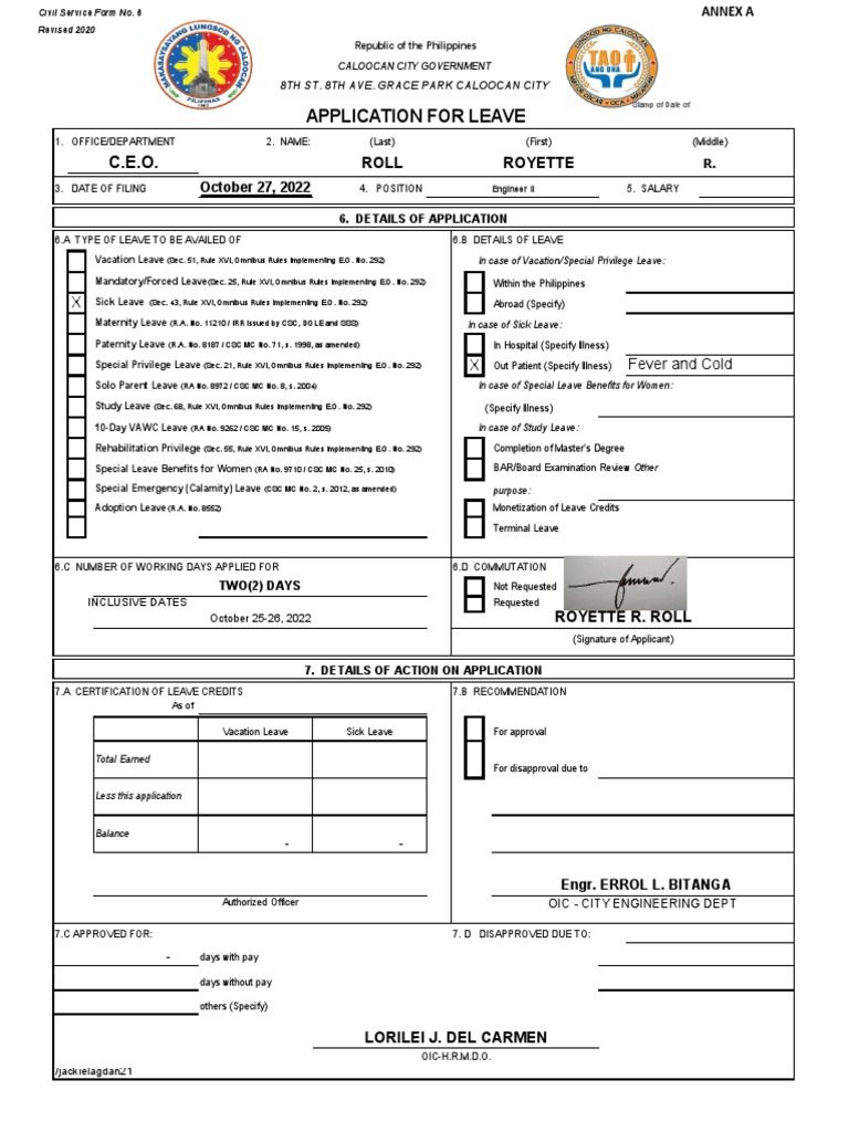 Leave Form - Royette Roll - 14july2021 | PDF | Parental Leave | Childbirth