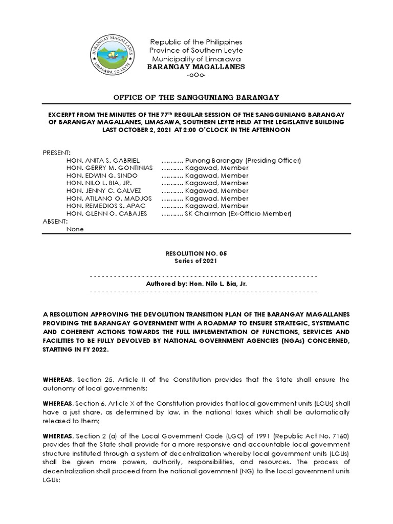 Barangay Magallanes Devolution Plan | PDF | Devolution | Governance