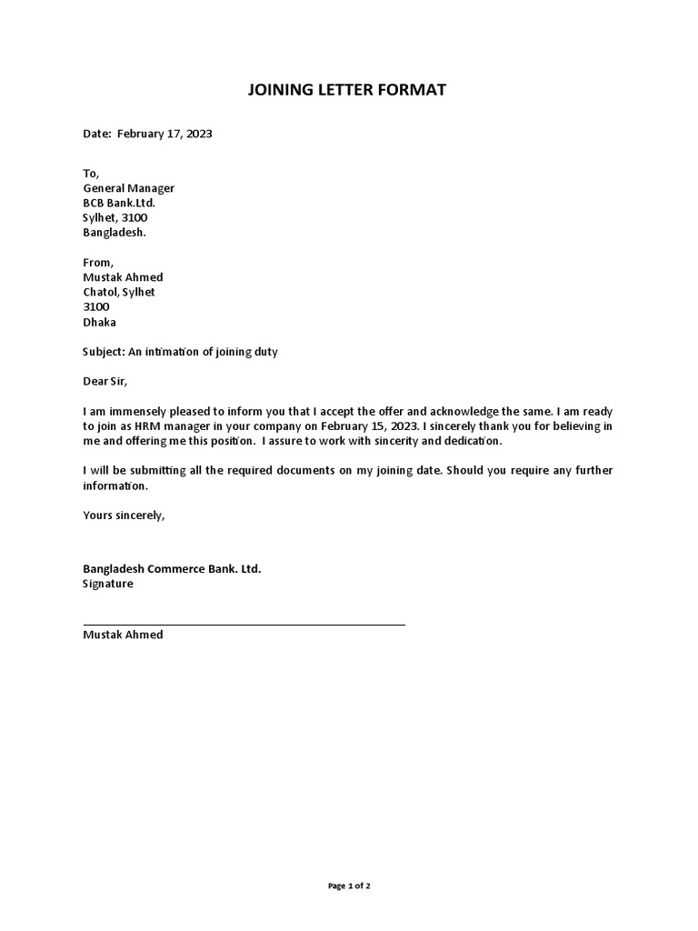 Joining Letter Format | PDF | Finance & Money Management