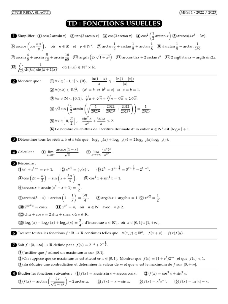 TD sur les Fonctions Usuelles MPSI 1 | PDF | Mathématiques | Concepts ...