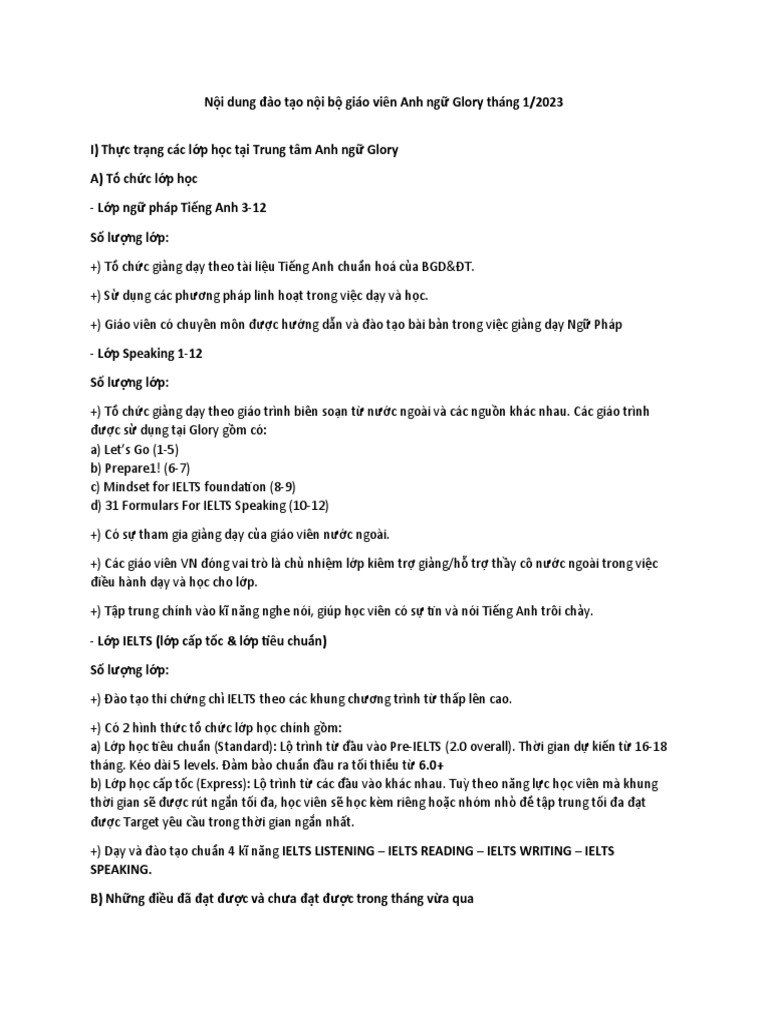 N I Dung Đào T o N I B Giáo Viên Anh NG Glory Tháng 1 | PDF