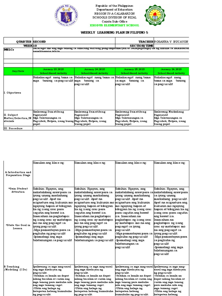 Filipino 5 Weekly Learning Plan Q2 W1-W10 | PDF