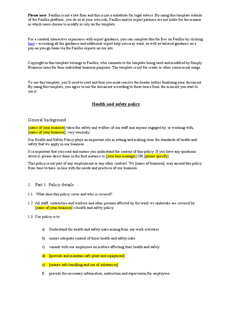 Health and Safety Policy Template Download | PDF | Occupational Safety ...