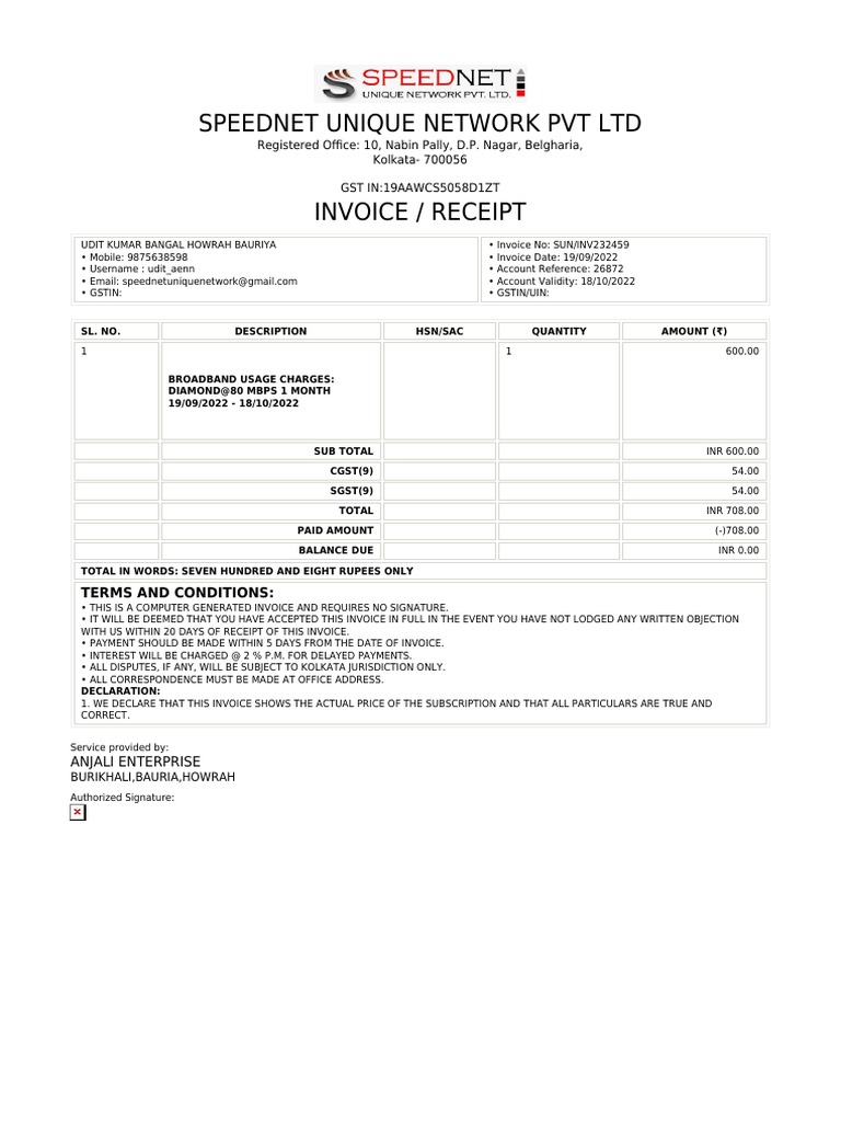 SPEEDNET BROADBAND INVOICE | PDF | Invoice | Payments