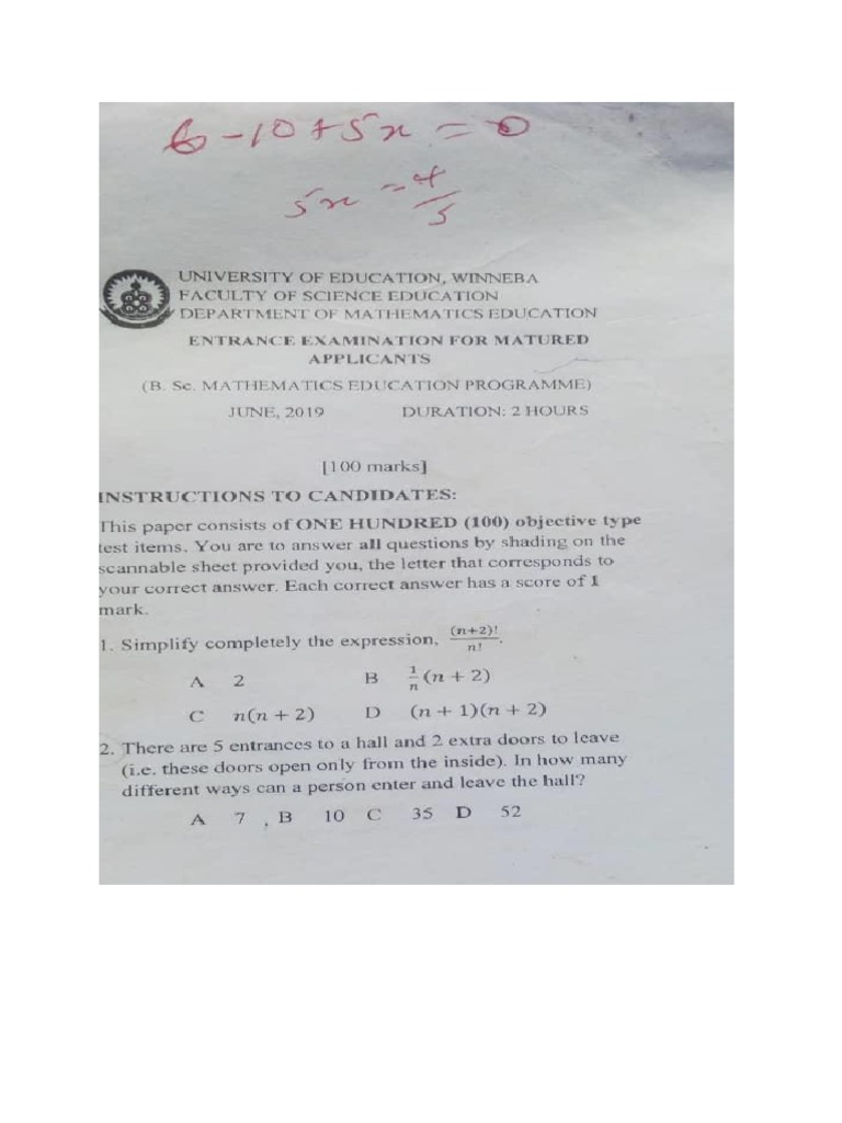 BSC MATHS ENTRANCE EXAMS PAST QUESTIONS | PDF