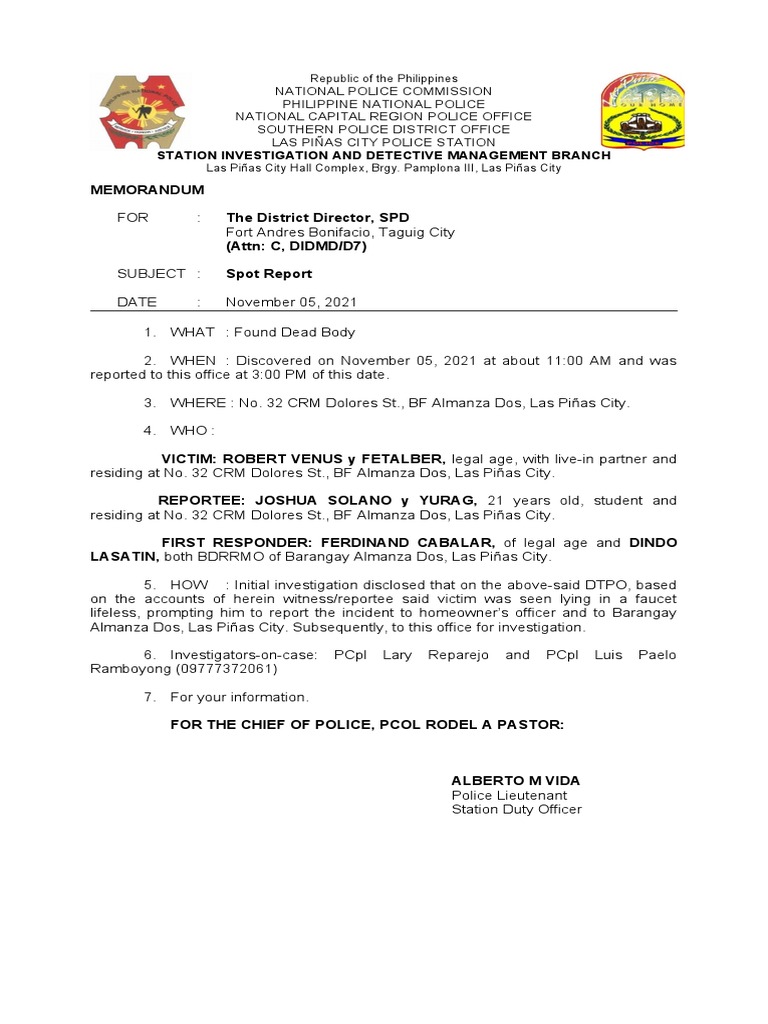 Spot Report (Found Dead Body) | PDF