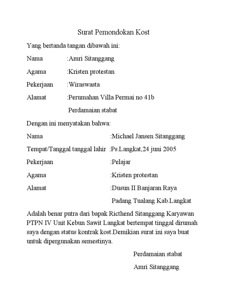 Surat Pemondokan Kost | PDF