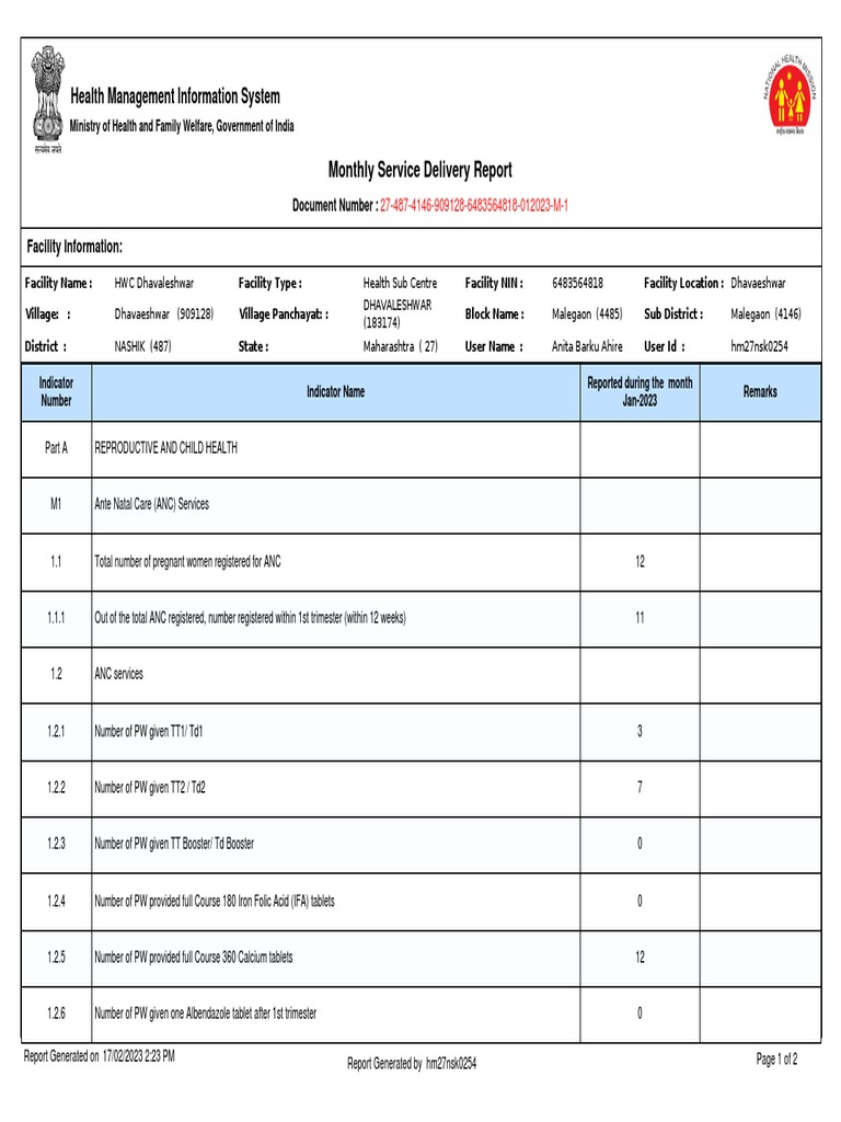 Monthly Service Delivery Report: Health Management Information System ...