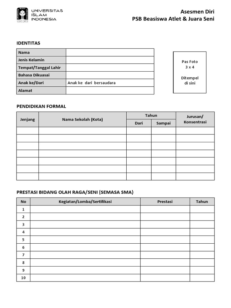 Form Asesmen Diri PSB Beasiswa Atlet Dan Juara Seni | PDF