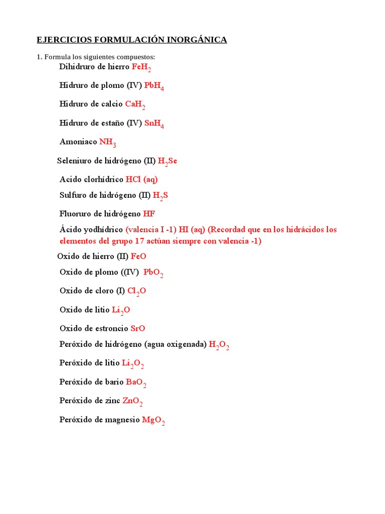 Ejercicios de Formulación Química | PDF