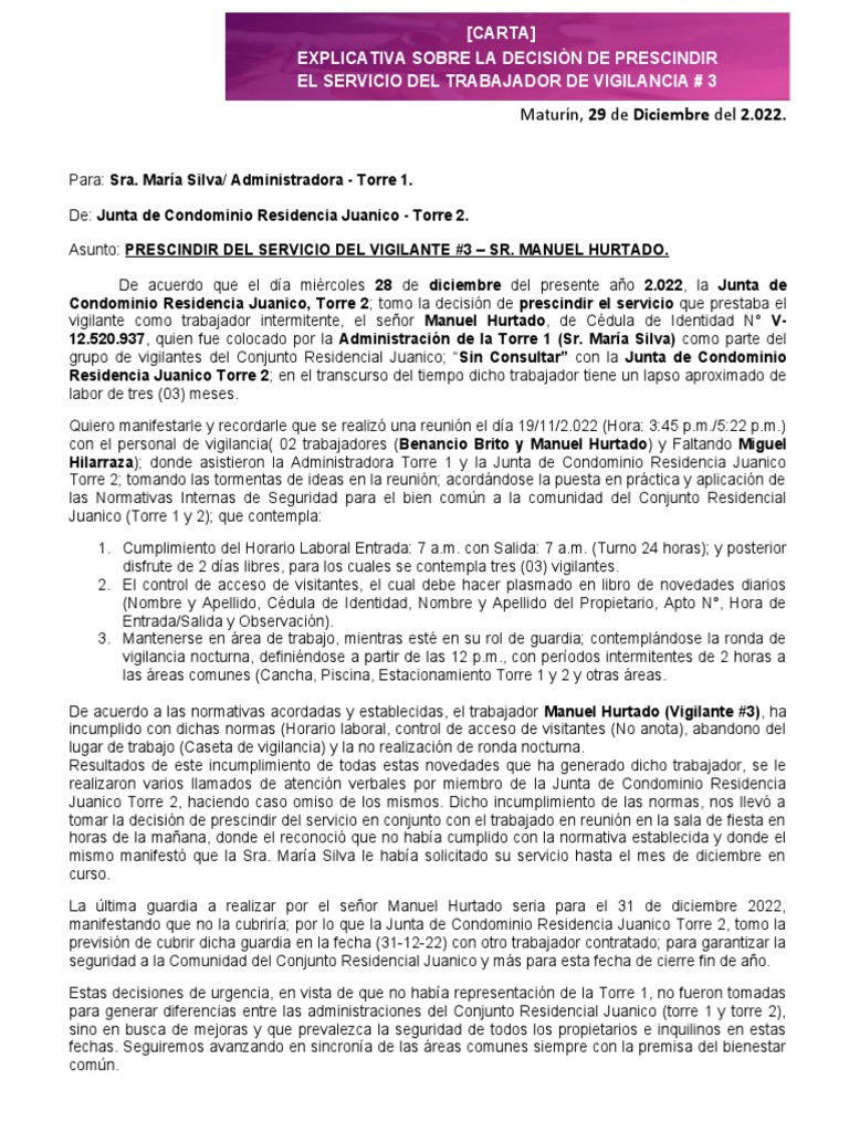 Carta - Prescindir Servicio Vigilancia Manuel Hurtado (29!12!22) | PDF ...