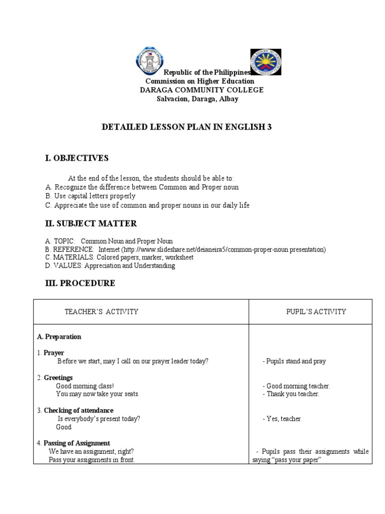 Detailed Lesson Plan English 3 Pdf Teachers Noun