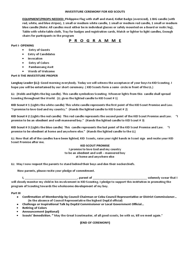 Investiture Ceremony For KID SCOUT SECTION LONG | PDF | Scouting ...