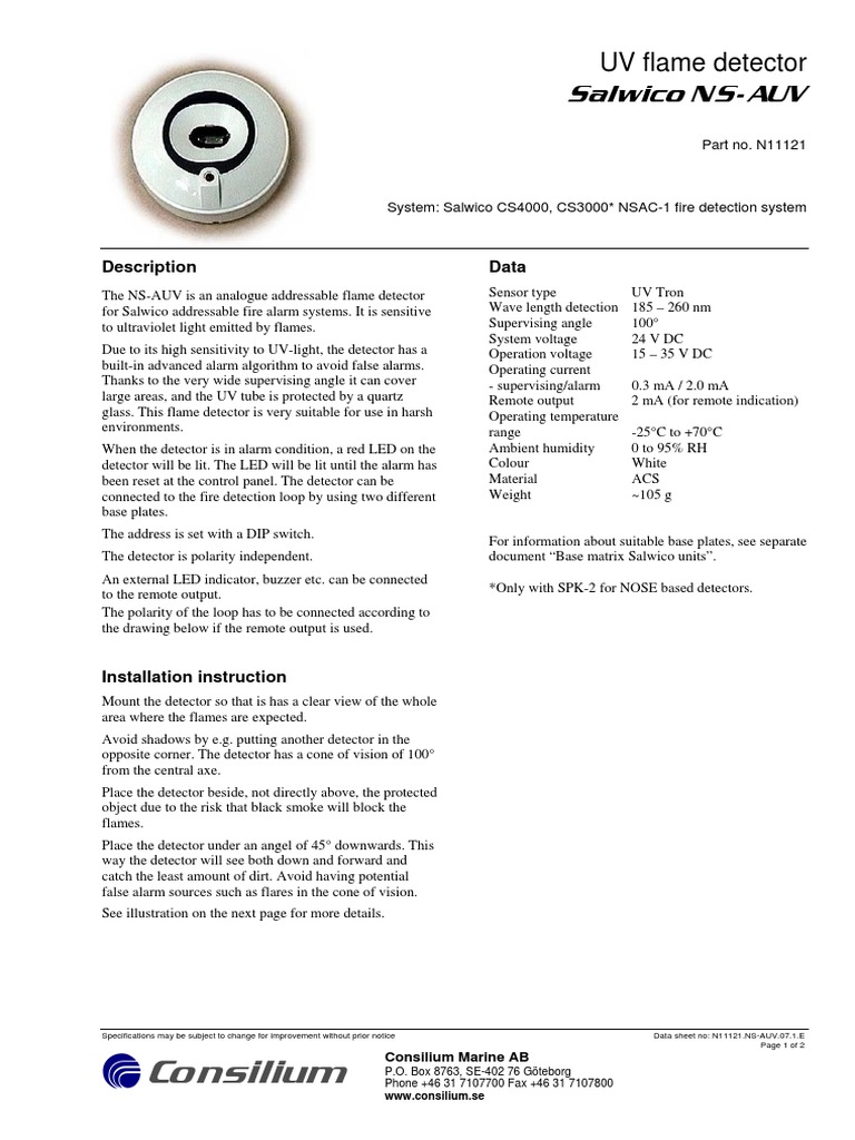 Consilium: UV Flame Detector Salwico NS-AUV | PDF | Ultraviolet | Sensor