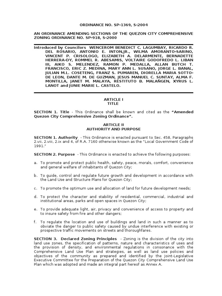 Q.C. Amended Zoning Ordinance | PDF | Zoning | Land Lot