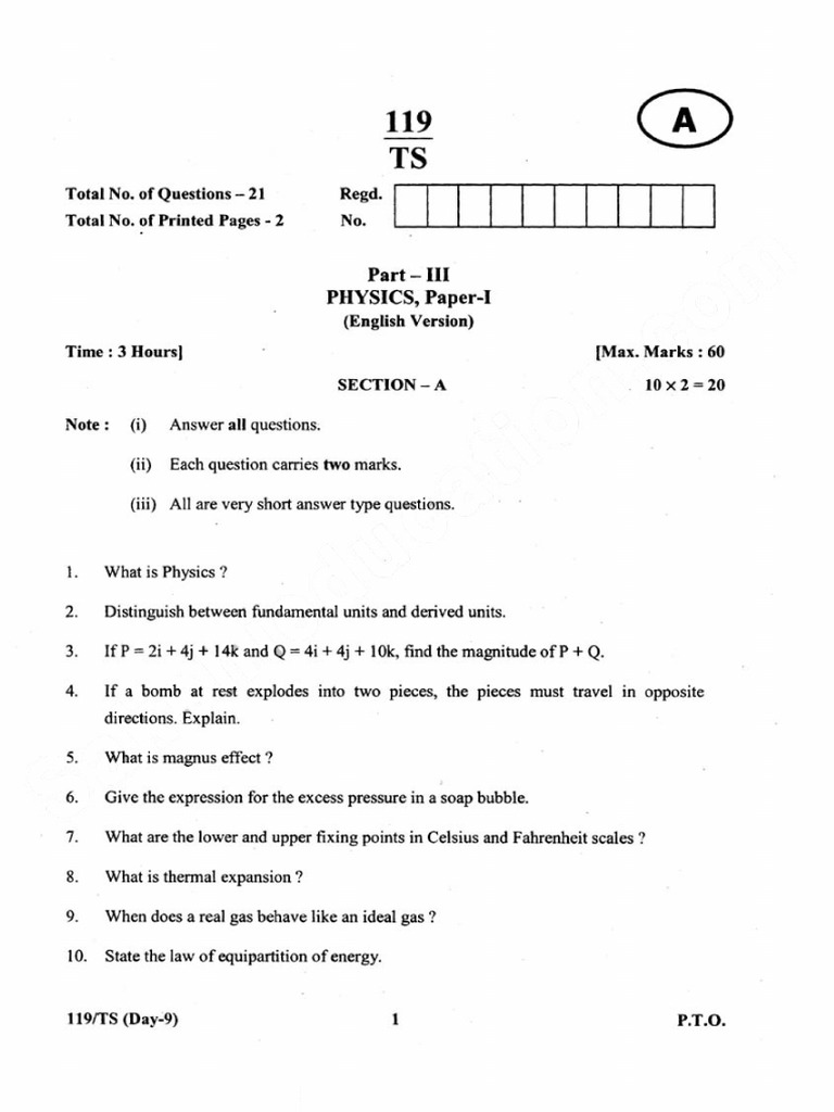 TS Inter 1st Year Physics TM 2016 Exam Paper | PDF