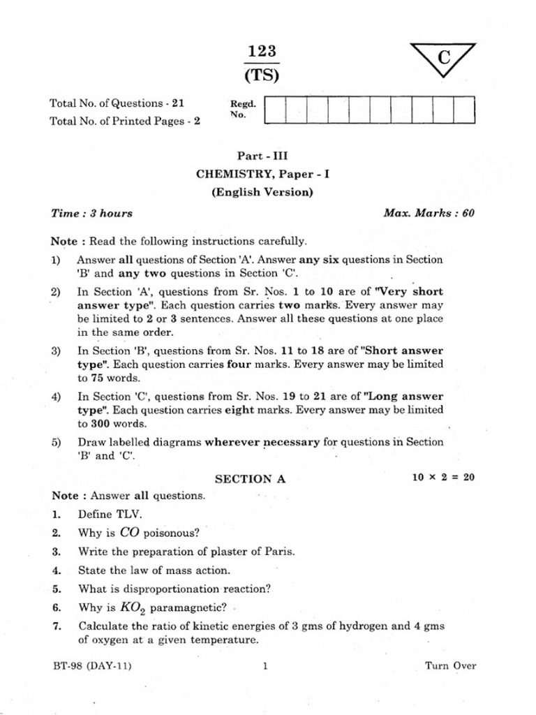 TS Inter 1st Year Chemistry EM 2016 Exam Paper-1 | PDF