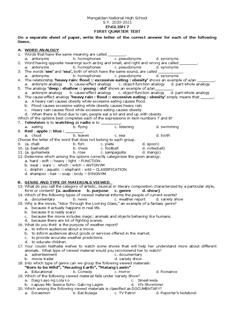 FIRST QUARTER TEST-in-ENGLISH-7 | PDF | Sentence (Linguistics) | Verb