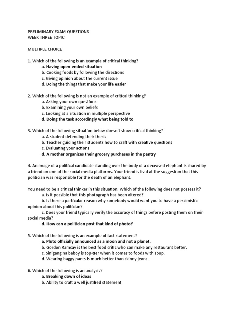 Philo 2223 Preliminary Exam Questions | PDF | Thought | Critical Thinking