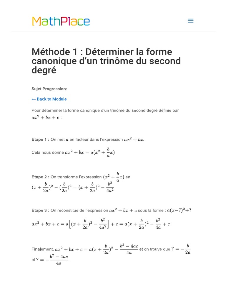 Exercice Forme Canonique: Forme Canonique Exercices Corrigés Pdf – CRHM