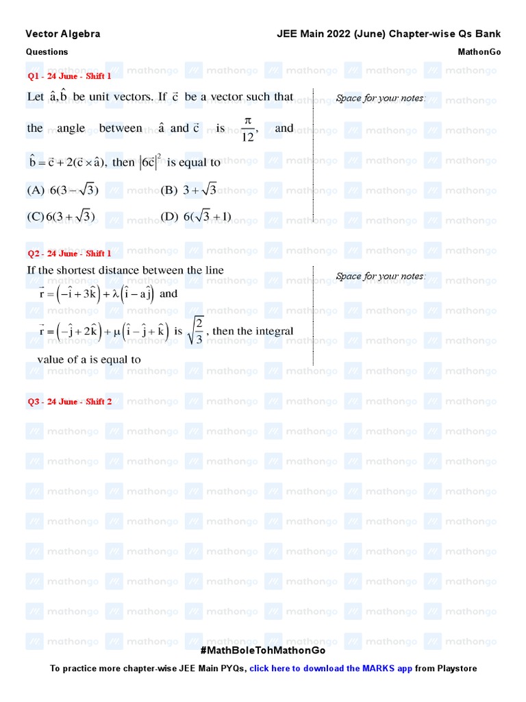 Vector Algebra - JEE Main 2022 Chapter Wise Questions by MathonGo | PDF ...