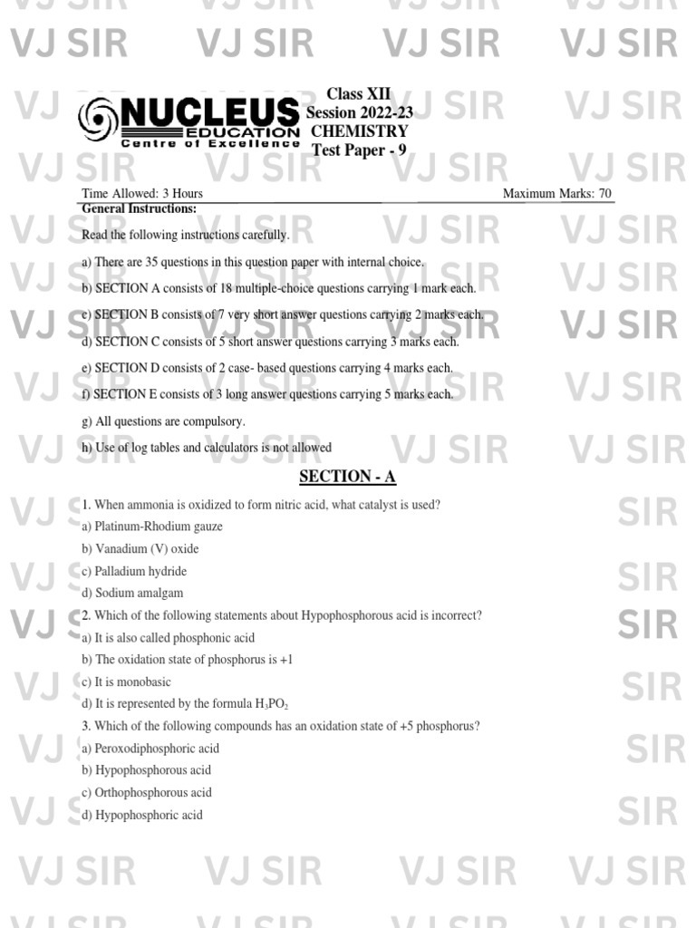 Class 12 Chemistry Test Paper 9 | PDF | Reaction Rate | Chemical Reactions