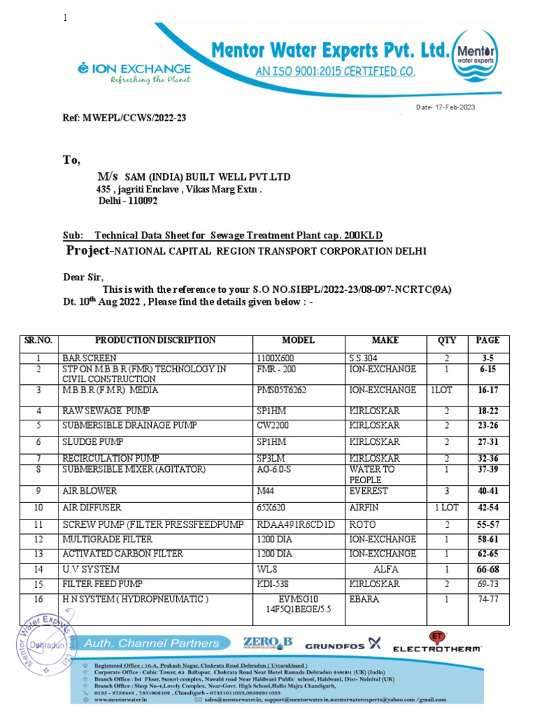 Stp (200kld) - Technical Datasheet 17.02.23 | PDF | Sewage Treatment ...