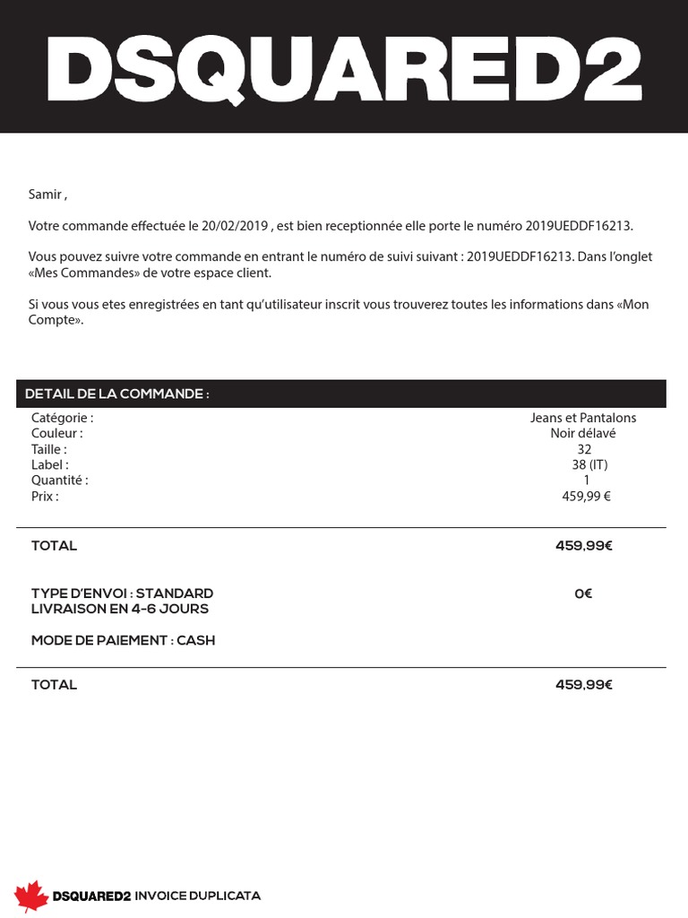 Confirmation de commande - 459,99 € | PDF