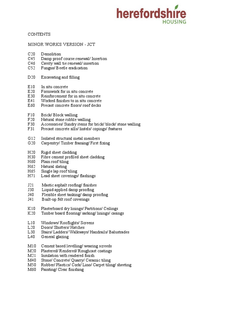 Complete Set - NBS - Minor Works Version - JCT | PDF | Concrete | Brick