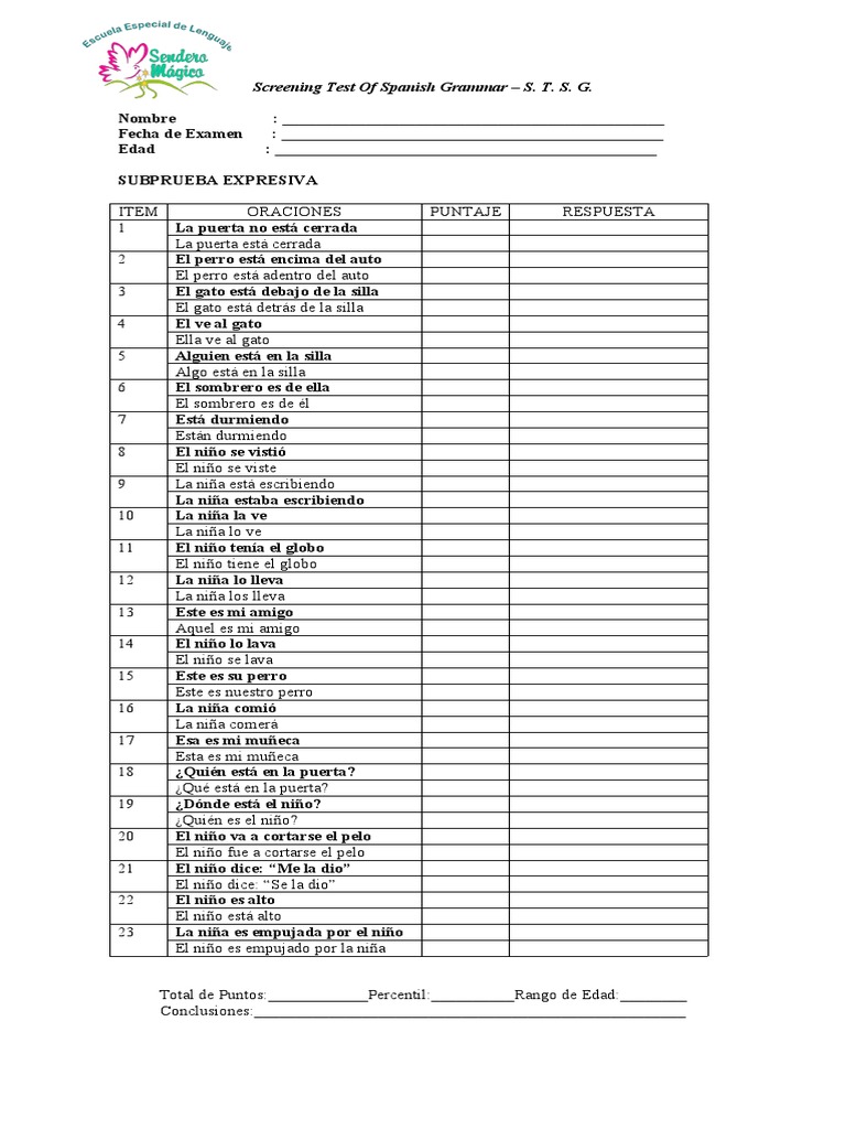 Screening Test of Spanish Grammar (Protocolo Con Item A Evaluar) | PDF ...