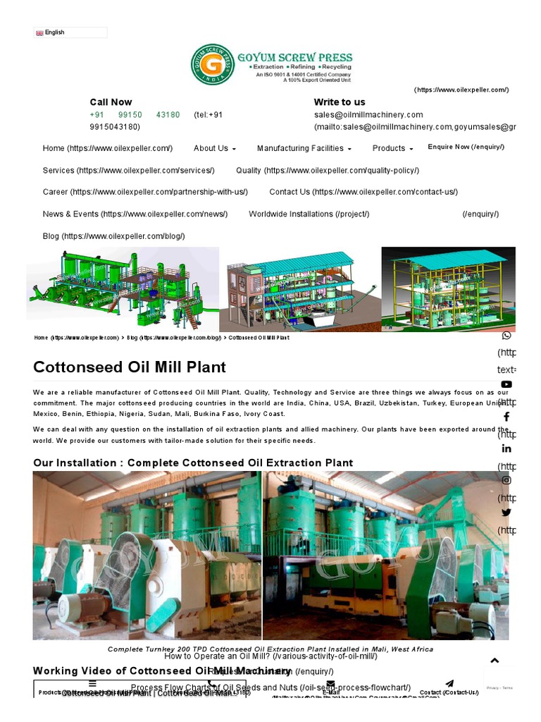 Cottonseed Oil Mill - Oil Extraction Plant Manufacturers and Exporters ...