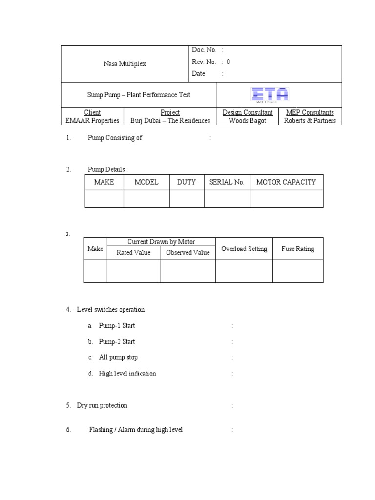 Annexure For Start Up Commissioning of Sump Pumps | PDF | Pump | Fuse ...