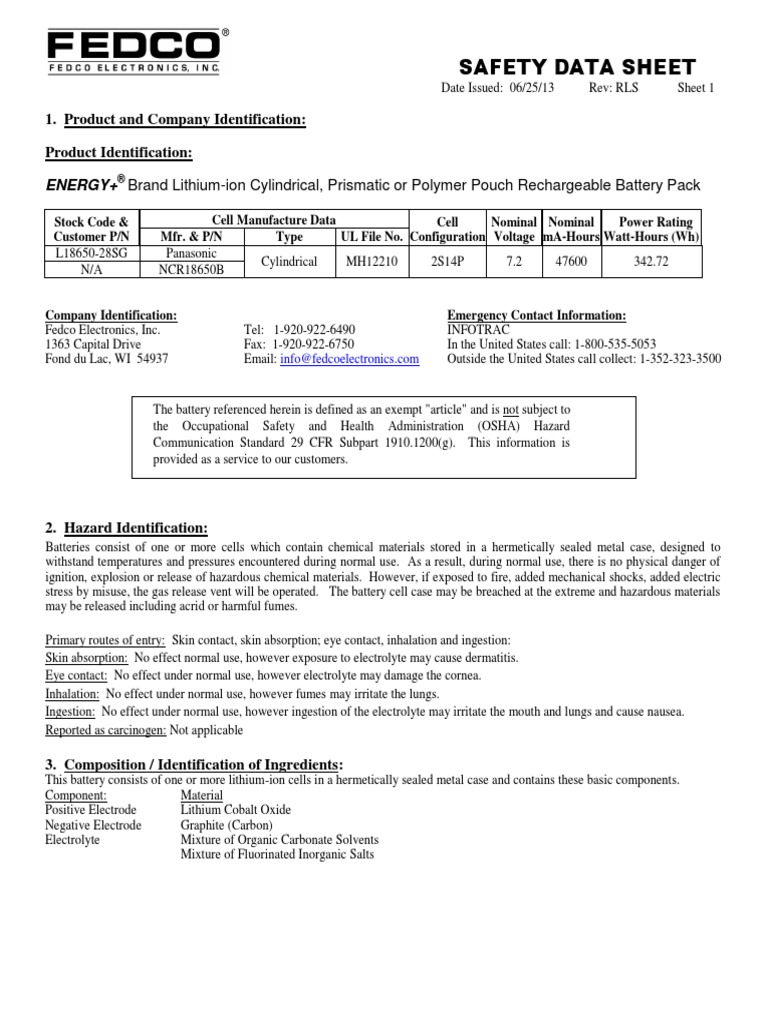 L18650-28SM SDS - Fedco Battery | PDF | Rechargeable Battery | Lithium Ion Battery