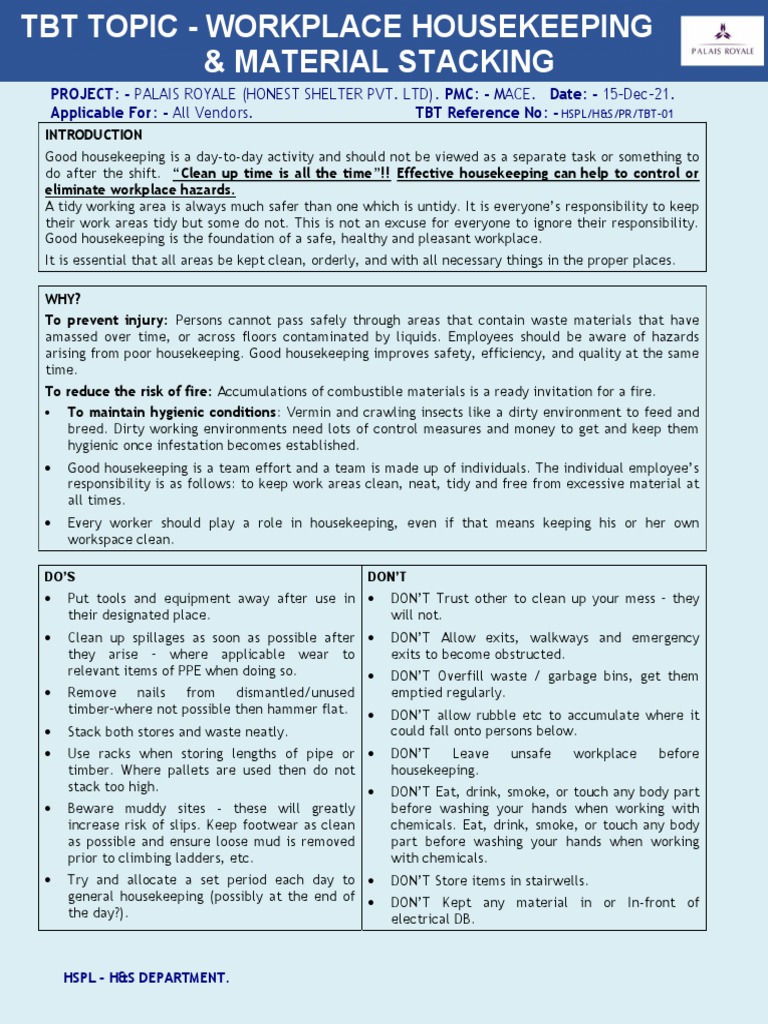 Tool Box Talk | PDF | Housekeeping | Safety