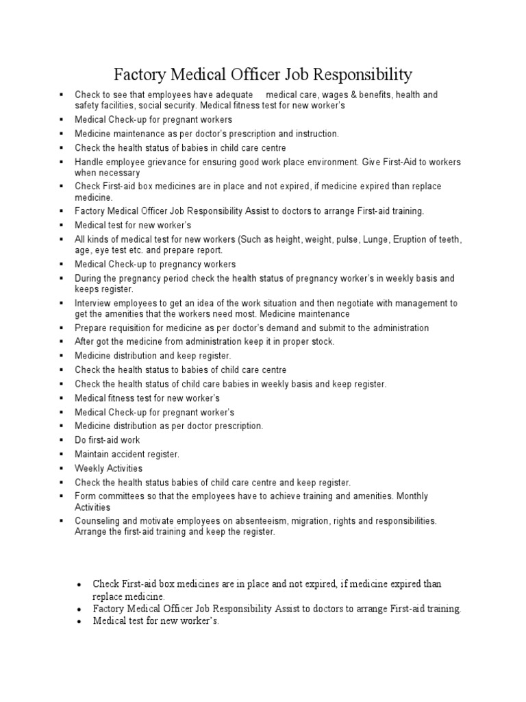 Factory Medical Officer Job Responsibility | PDF | Medicine | Employment