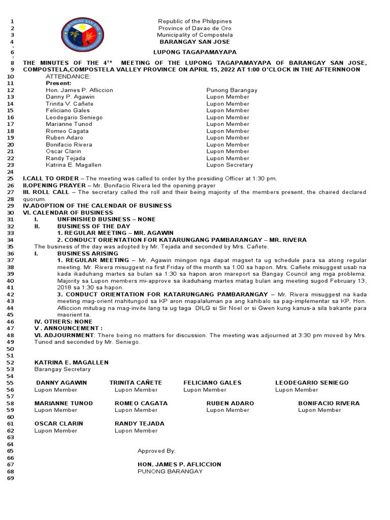 Minutes of Lupon Tagapamayapa | PDF