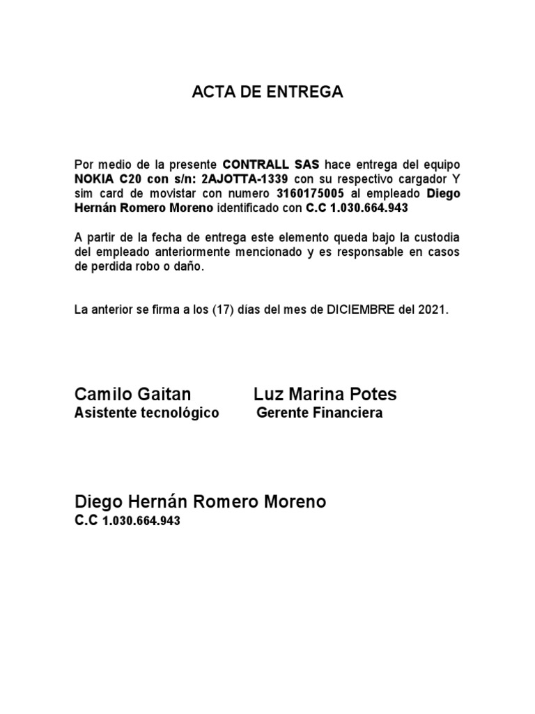 Acta de Entrega Equipos | PDF