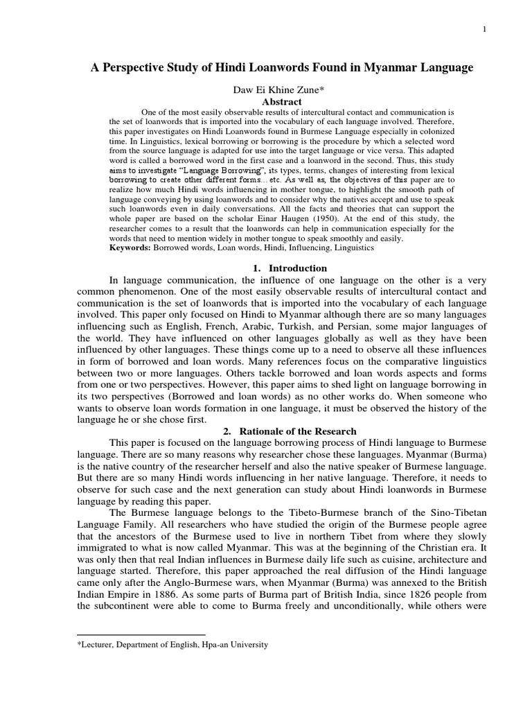 A Perspective Study of Hindi Loanswords Influenced in Myanmar Language | PDF | Linguistics | Word