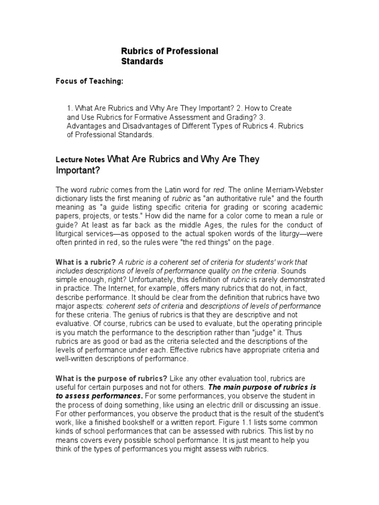 Rubrics of Professional Standards | PDF | Rubric (Academic ...