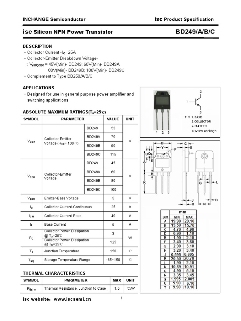 BD249 Datasheet | PDF | Bipolar Junction Transistor | Physical Sciences