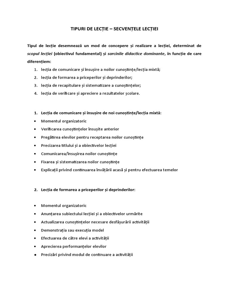 Tipuri de Lectie Secventele Lectiei | PDF