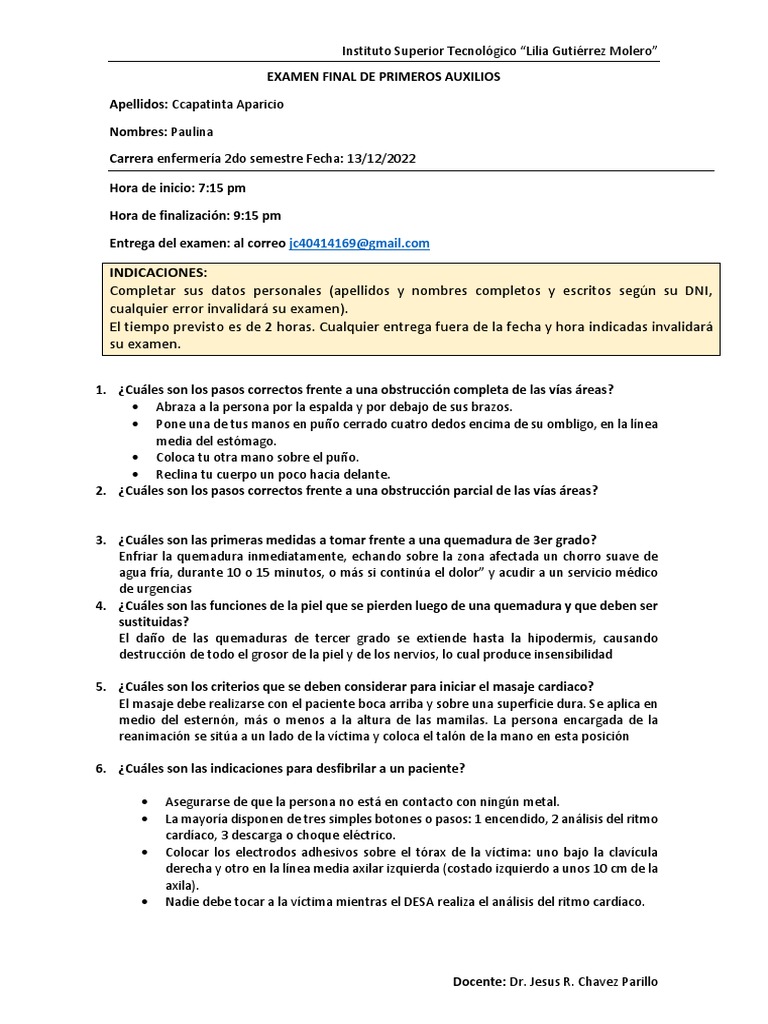 Examen Final de Primeros Auxilios | PDF | Reanimación cardiopulmonar | Herida