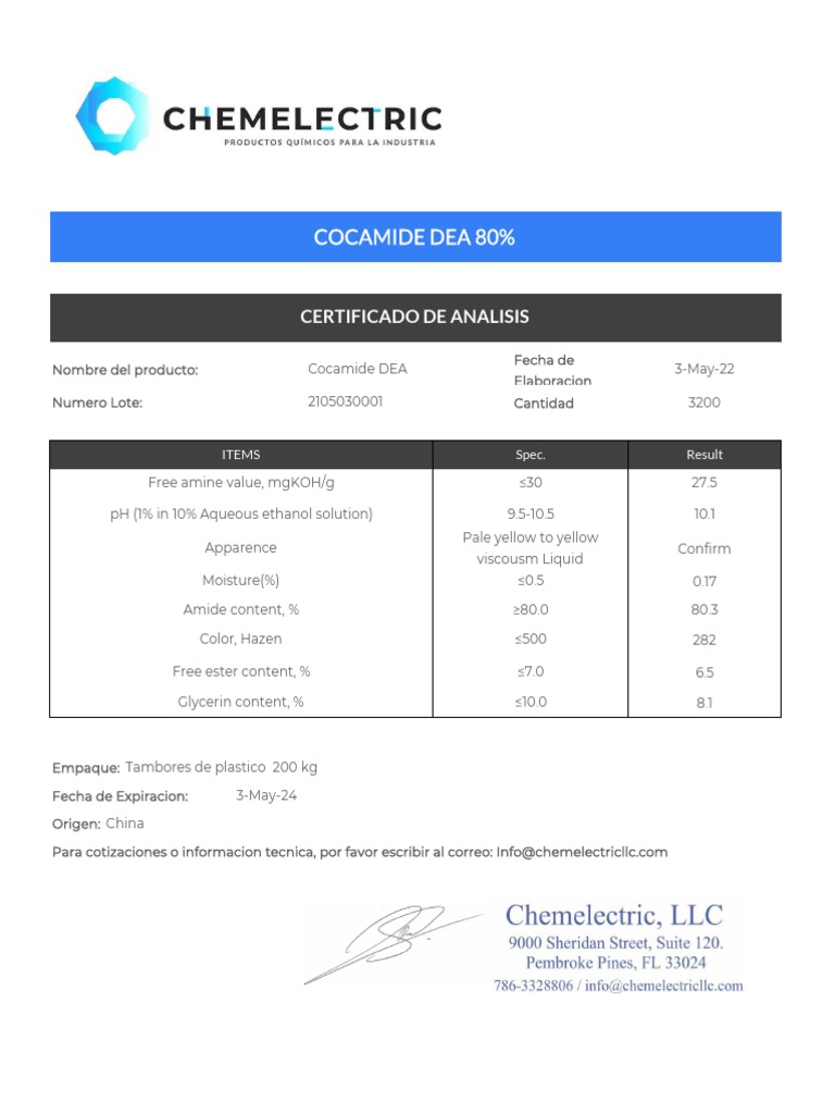 COA - Cocoamida DEA - #LOT2105030001 - JULIO22 (1) - 2 | PDF