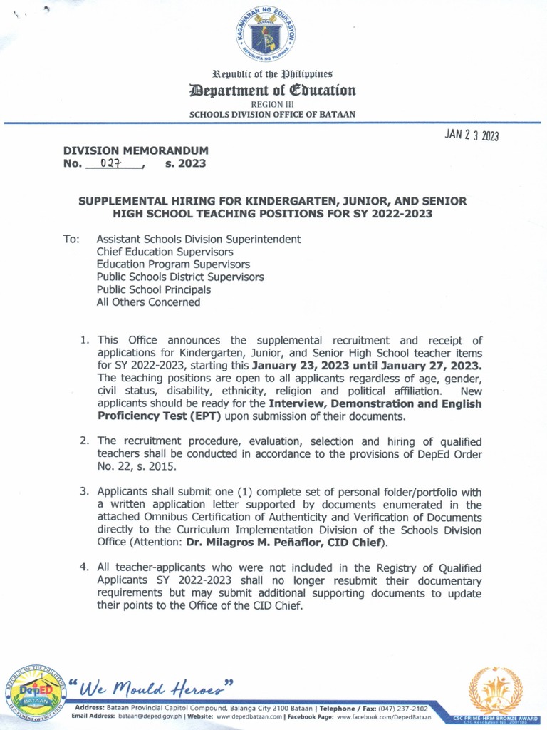 Division Memorandum No. 27 S. 2023 | PDF