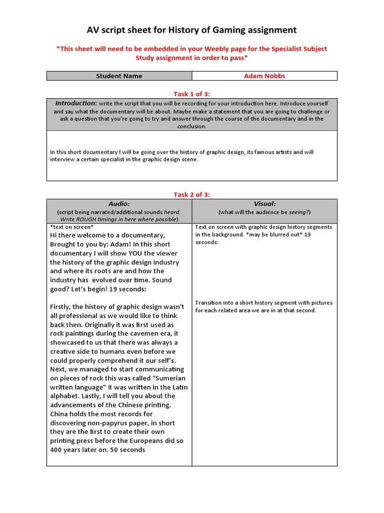 Av Script Sheet For Yr2 Sss | PDF | Poster | Documentary Film