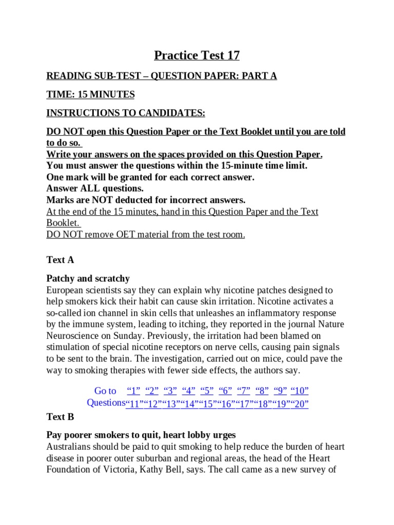 OET 3 Reading Test 17 Part A | PDF | Tobacco Smoking | Addiction